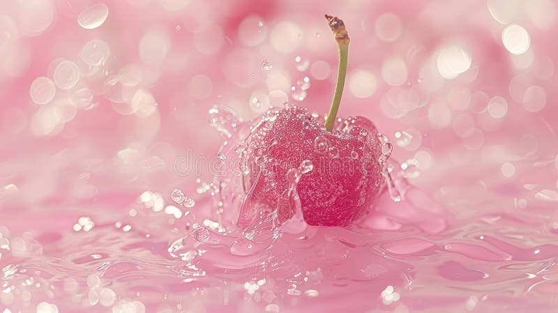 A Cherry is Floating in Pink Water Stock Image - Image of cherry, green ...