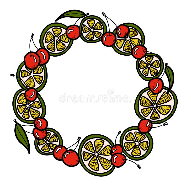 Cherry Frame. Cherry, Citruses and Leaves in Circle Shape. Vector ...