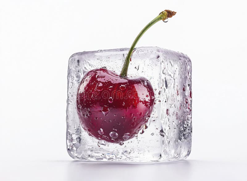 Cherry Frozen in Transparent Ice Cube Isolated on White Background ...