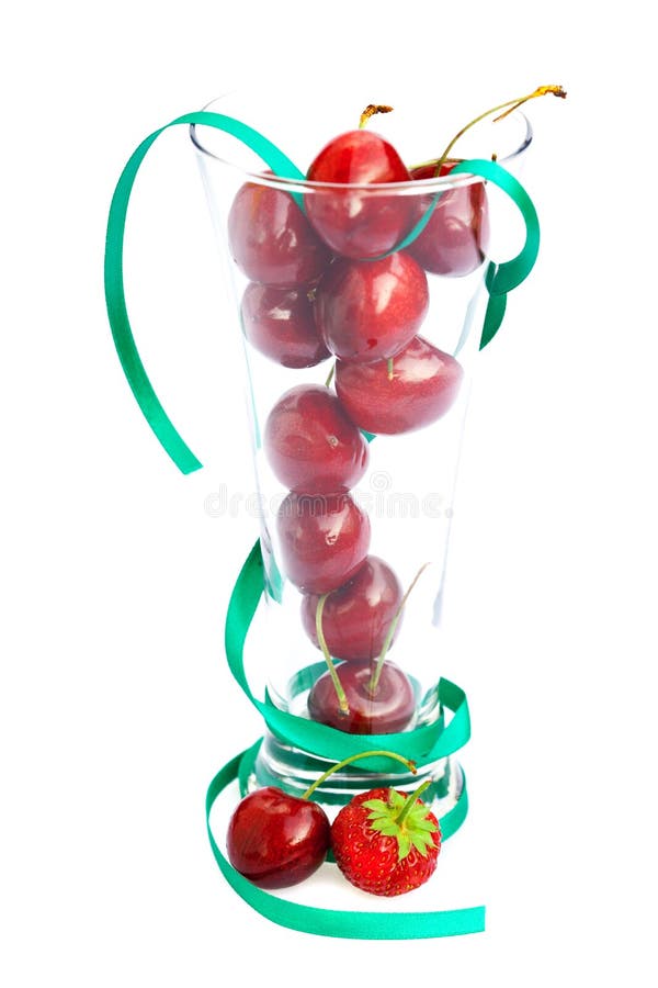 Cherry in a Glass and Ribbon Isolated on White Stock Image - Image of ...
