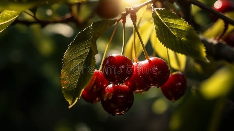 Cherry Grows on a Tree with the Rays of the Sun. Generative AI Stock ...