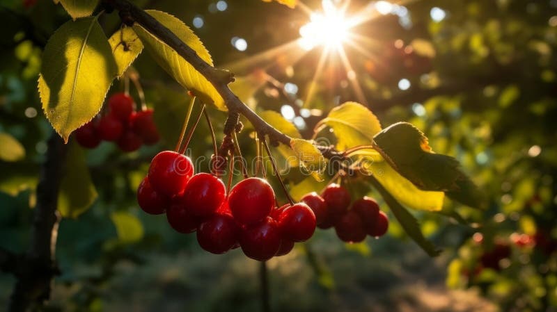 Cherry Grows on a Tree with the Rays of the Sun. Generative AI Stock ...