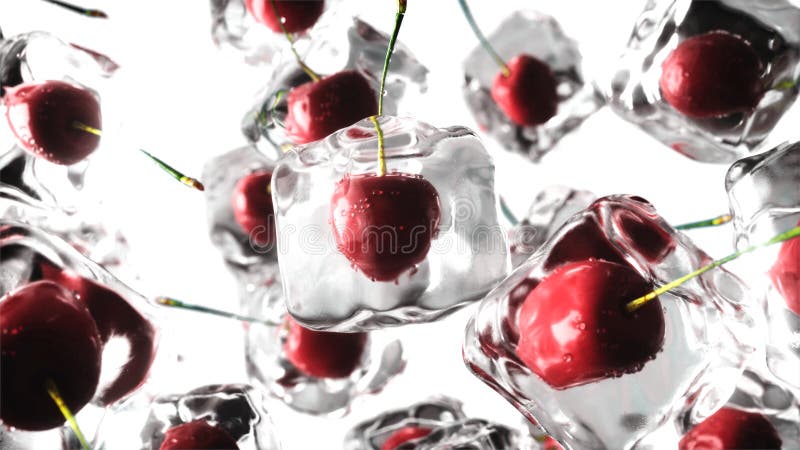 Cherry in Ice Cubes. Food and Broadcast Concept. Realistic Ice ...