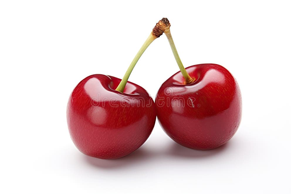 Two Cherries with Stem and Shadow Isolated on White Background. Stock ...