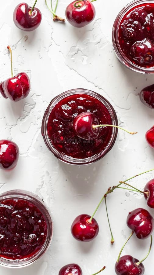 Cherry Jam in Glass Jars with Fresh Cherries on White Background, Top ...