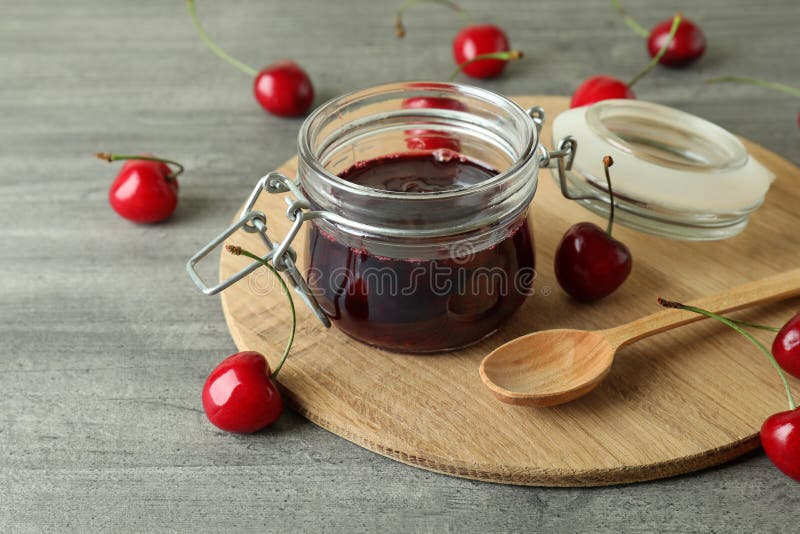 Cherry Jam and Ingredients on Gray Textured Stock Image - Image of cook ...