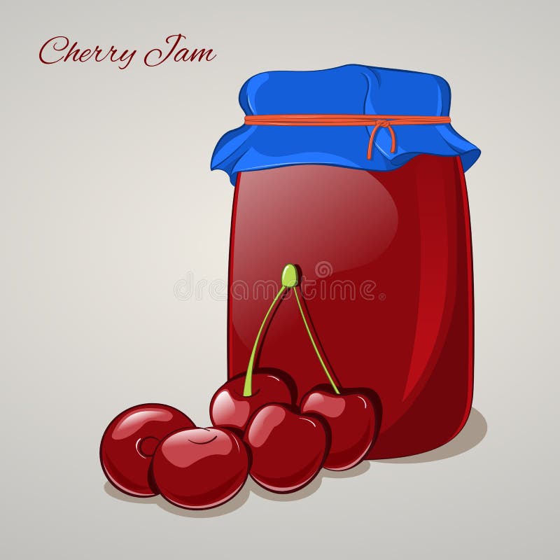 Cherry Jam in a Jar and Fresh Cherry on Grey Background. Simple Cartoon ...