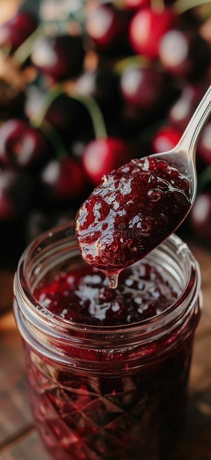 Cherry Jam. Spoon Scooping Homemade Cherry Jam from a Glass Jar ...