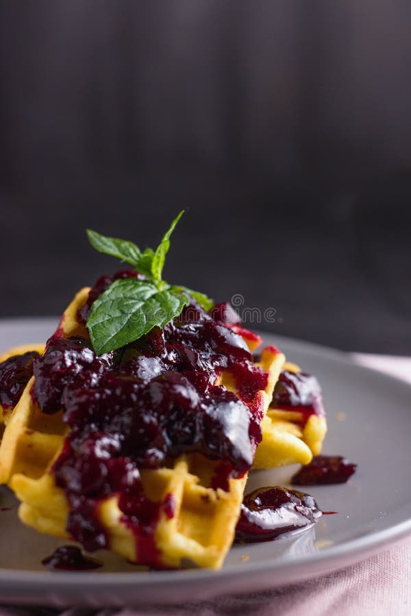 Cherry jam waffles stock image. Image of fruit, delicious - 96505457