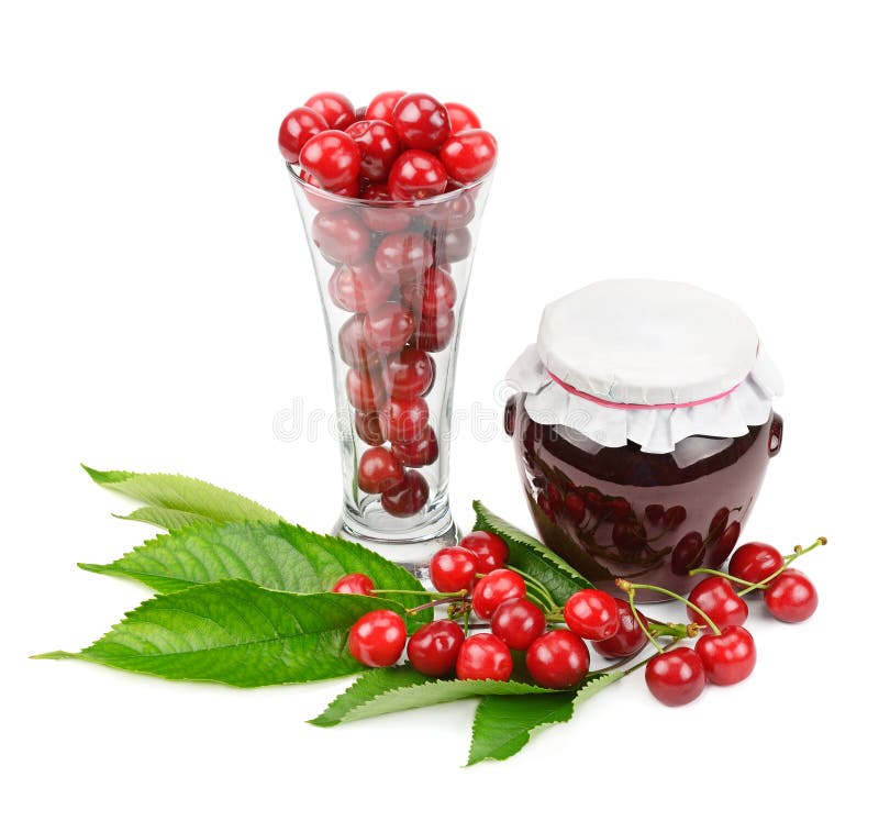 Cherries and Jars of Jam Isolated on a White. Wide Photo Stock Photo ...