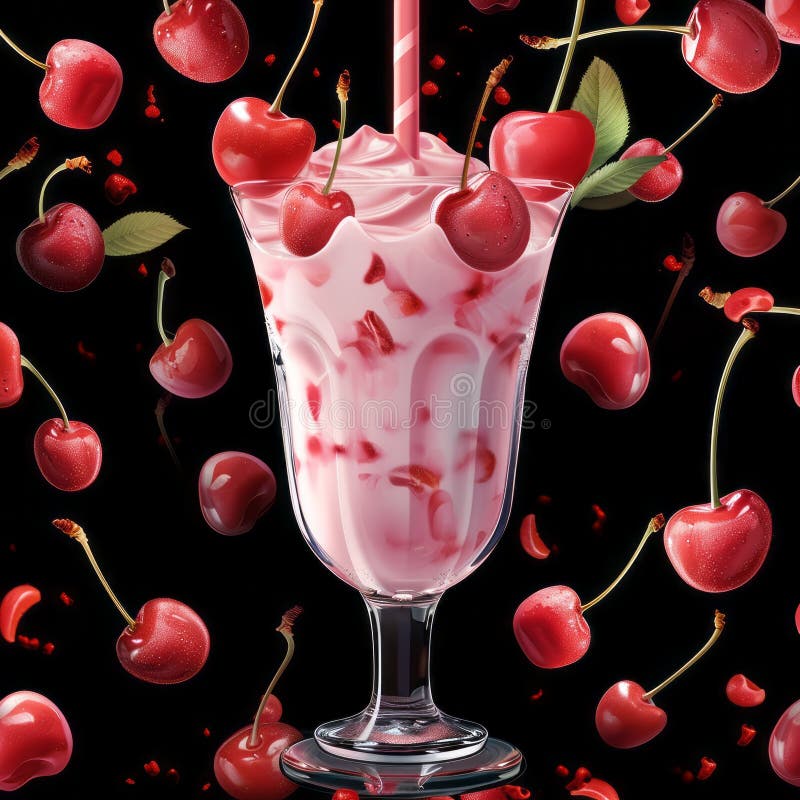 Cherry Milkshake in Elegant Glass and Many Fresh Cherries on the Black ...