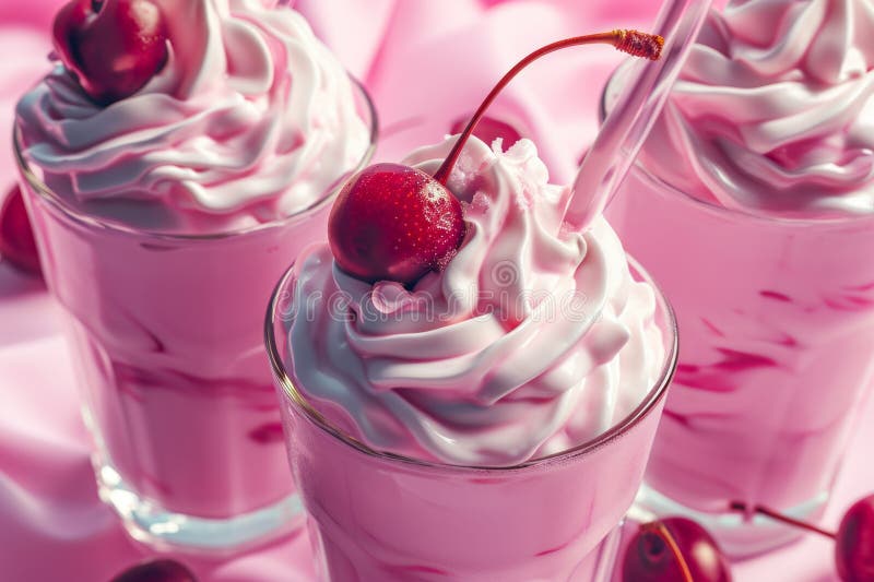 Cherry Milkshakes In Elegant Glasses Decorated With Whipped Cream