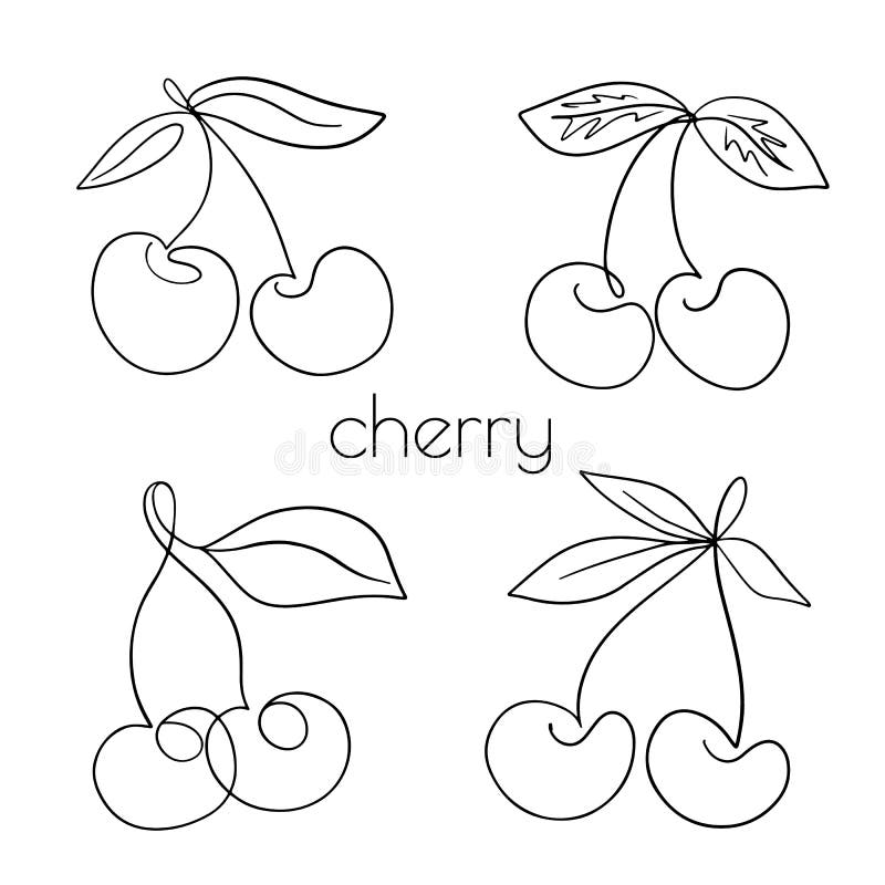 Cherry One Line Drawing Icon Set. Continuous Line Art Style Stock ...