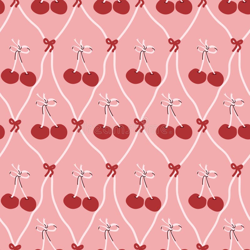 Cherry Pattern with Bows on Pink Background in Repeating Design Stock ...
