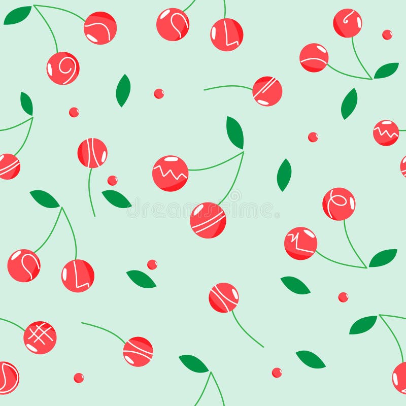 Cherry Pattern, Cute Fruit Cartoon Seamless Background with Dot and ...