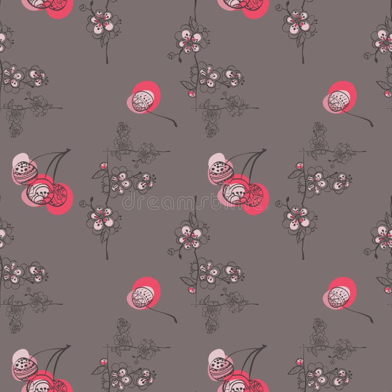 Cherry Pattern Drawing Style Stock Vector - Illustration of east ...