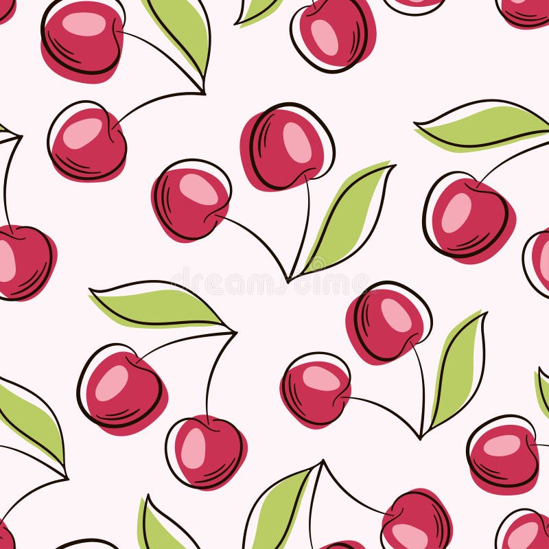 Cherry Pattern Line Art Style. Seamless Red Cherry Pattern Design, Flat ...