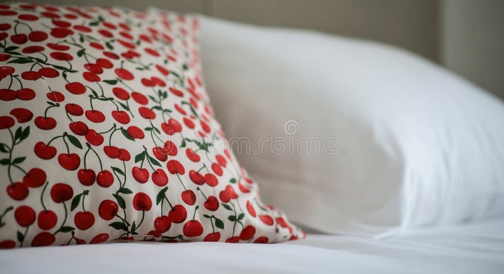 Cherry Pattern Pillow on Bed with White Sheets for Bedroom Decor ...