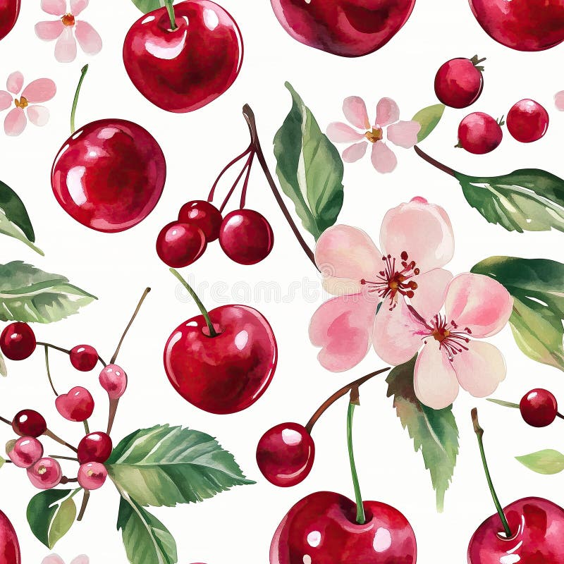 Cherry Pattern Seamless Texture, Red Fruit Design. Generative AI Stock ...