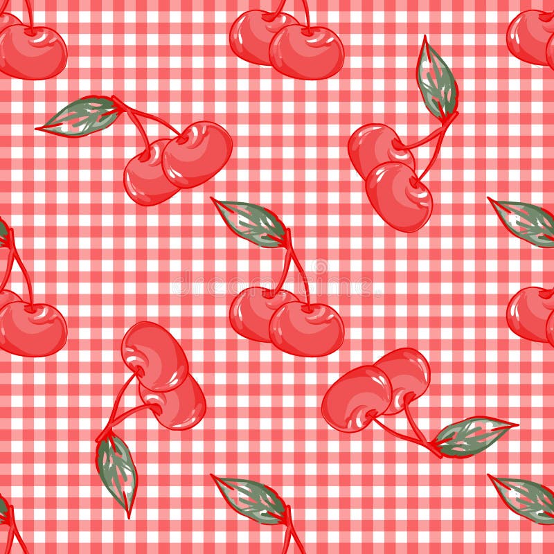 Cherry Pattern on White and Red Check Background with Leaves Stock ...