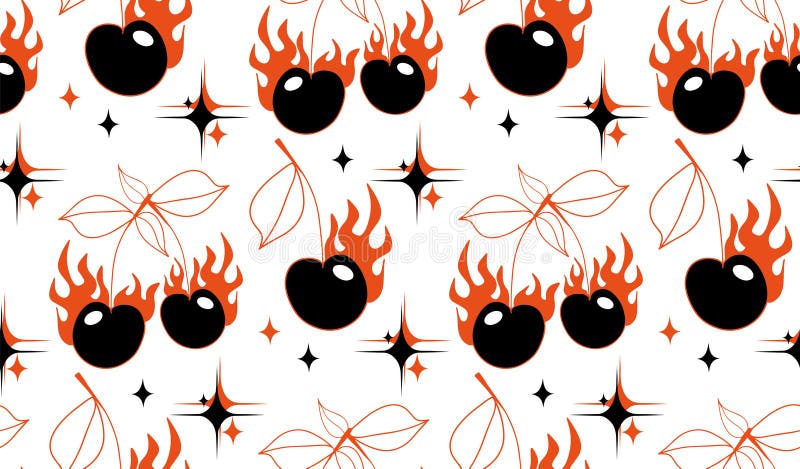 Cherry Pattern Y2k Style. Cherry with Burn Fire Flame Background.Tattoo ...