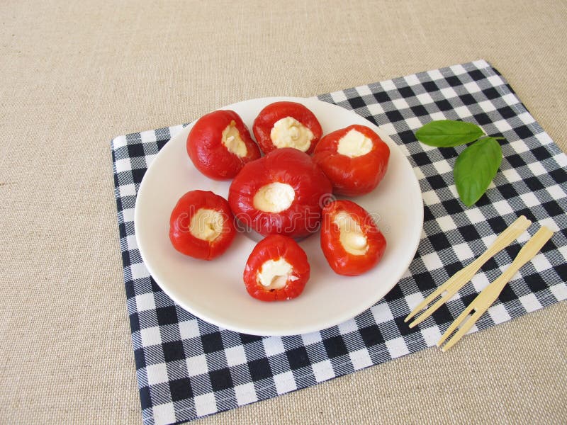 Cherry Pepper Stuffed with Fresh Cheese Stock Photo - Image of basil ...