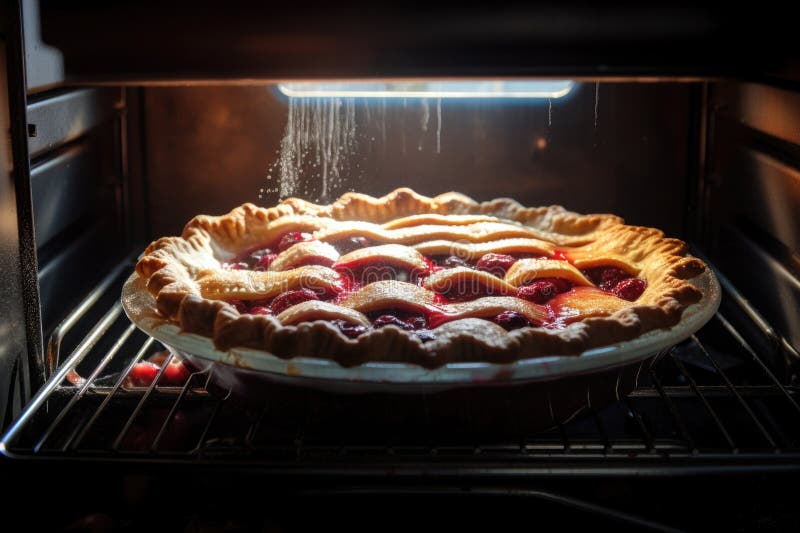 Cherry Pie Baking in the Oven, with a Golden Crust and Red Juices Visible through the Window ...