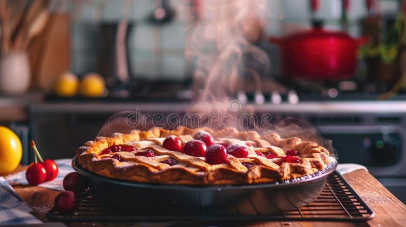 Cherry Pie on Baking Sheet Pan with Steam in the Kitchen. Traditional ...