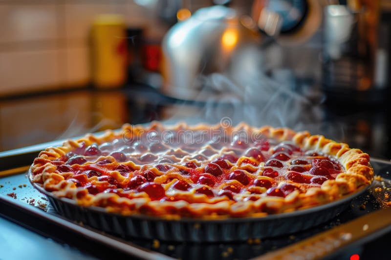Cherry Pie on Baking Sheet Pan with Steam in the Kitchen. Traditional ...