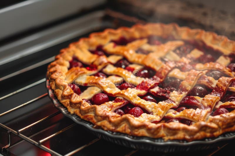 Cherry Pie on Baking Sheet Pan with Steam in the Kitchen. Traditional ...