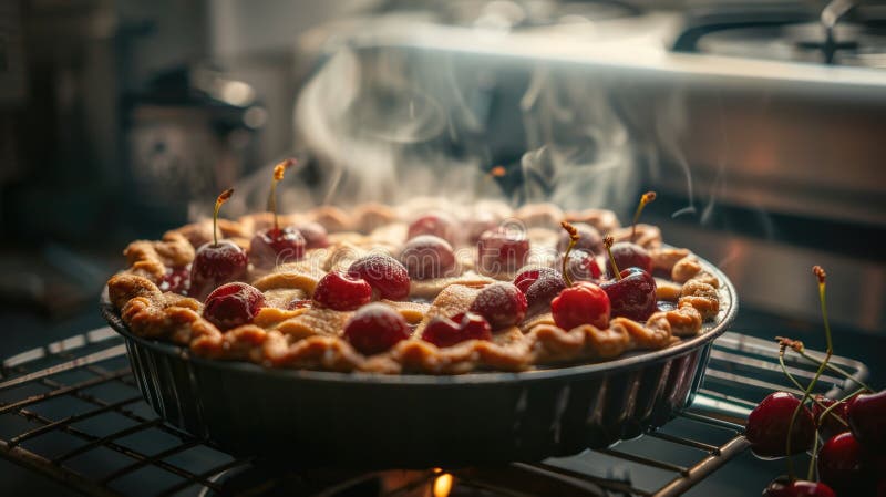 Cherry Pie on Baking Sheet Pan with Steam in the Kitchen. Traditional ...
