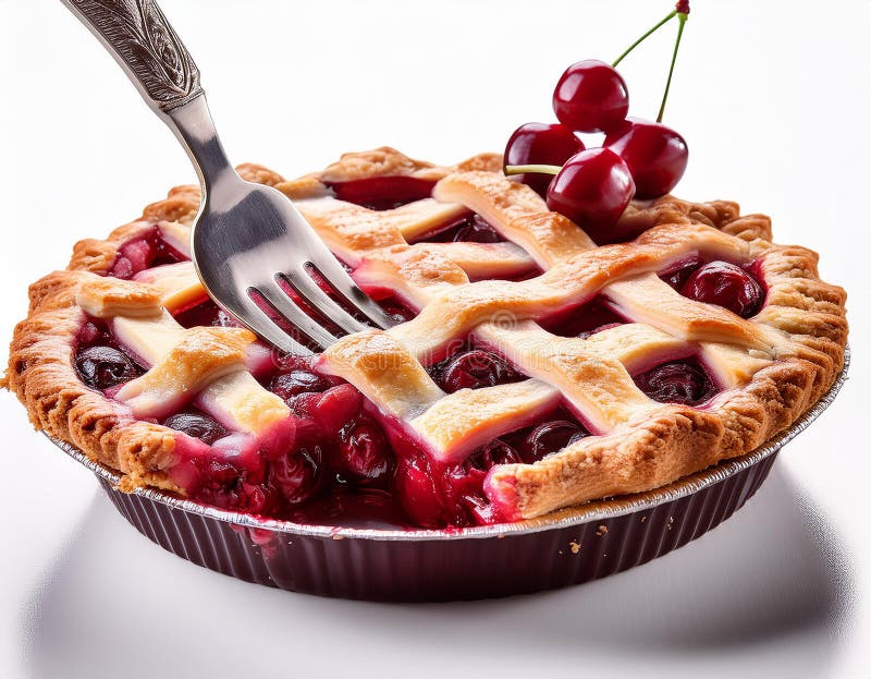 A Cherry Pie Closeup Cut into with a Fork. Shot on White Stock ...