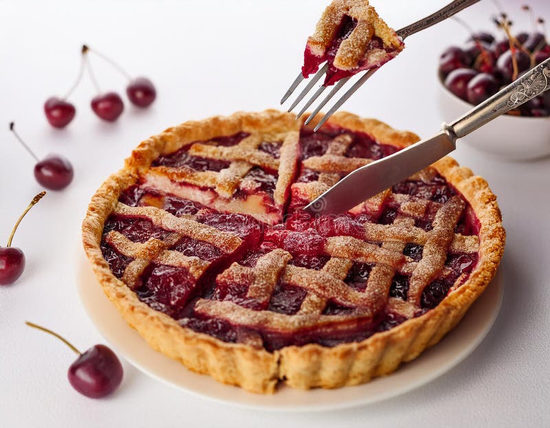 A Cherry Pie Closeup Cut into with a Fork. Shot on White Stock ...