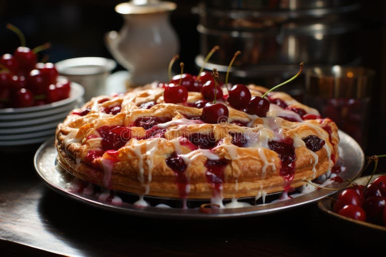 Cherry Pie Front View Inside the Round Pan on the Shiny Stock ...