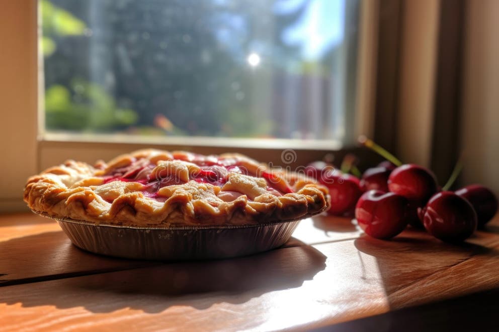 Cherry Pie Sitting on Windowsill, with Sun Shining through the Window ...