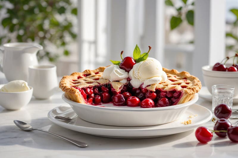 Cherry Pie. Summer Lattice Cherry Pie with Fresh Cherry and Vanilla Ice Cream Scoop, Generative ...