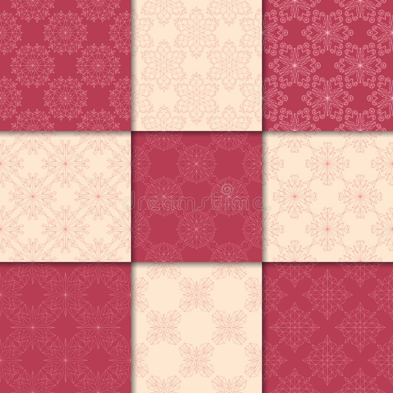 Cherry Red and Beige Floral Ornaments. Collection of Seamless Patterns ...