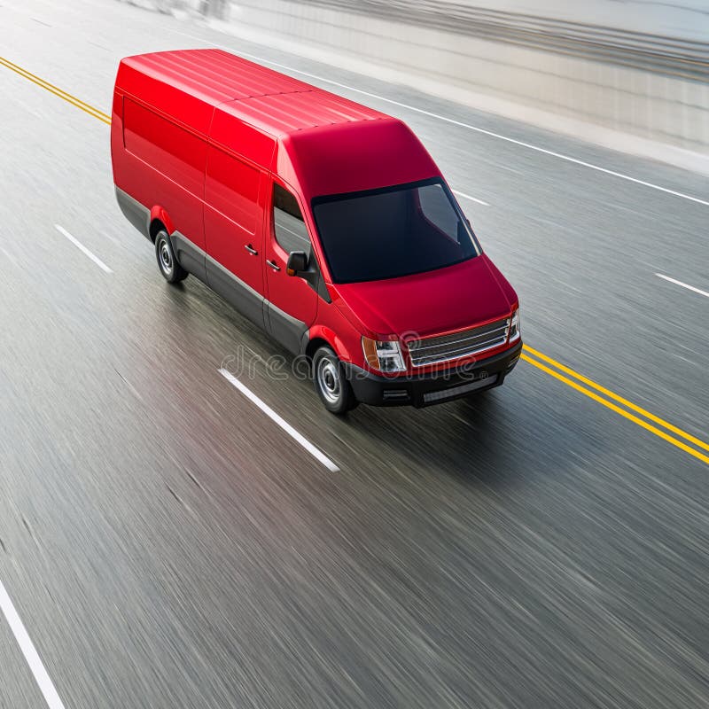 Cherry Red Commercial Van on Empty Highway Motion Blurred 3d ...