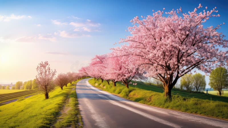 Cherry road in spring stock illustration. Illustration of trees - 368714481