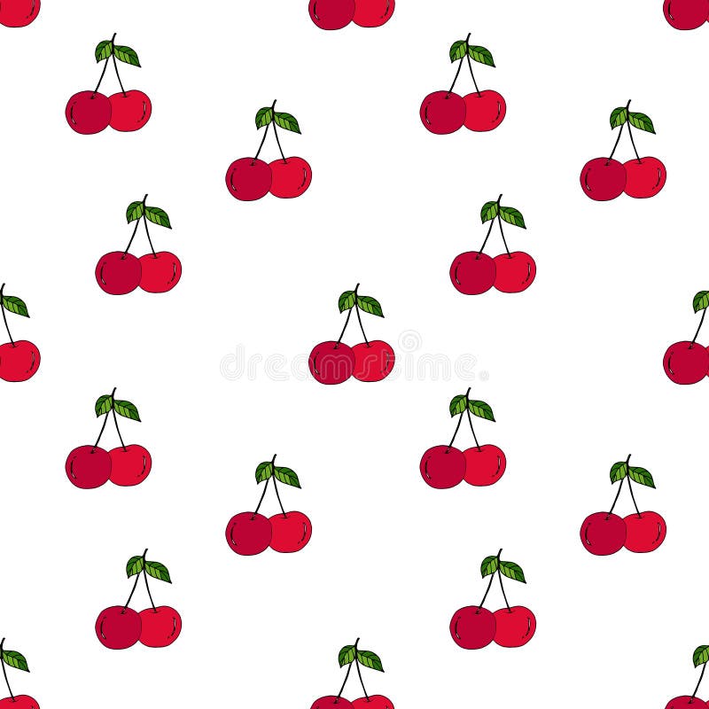 Cherry Seamless Pattern by Hand Drawing on White Backgrounds. Stock ...