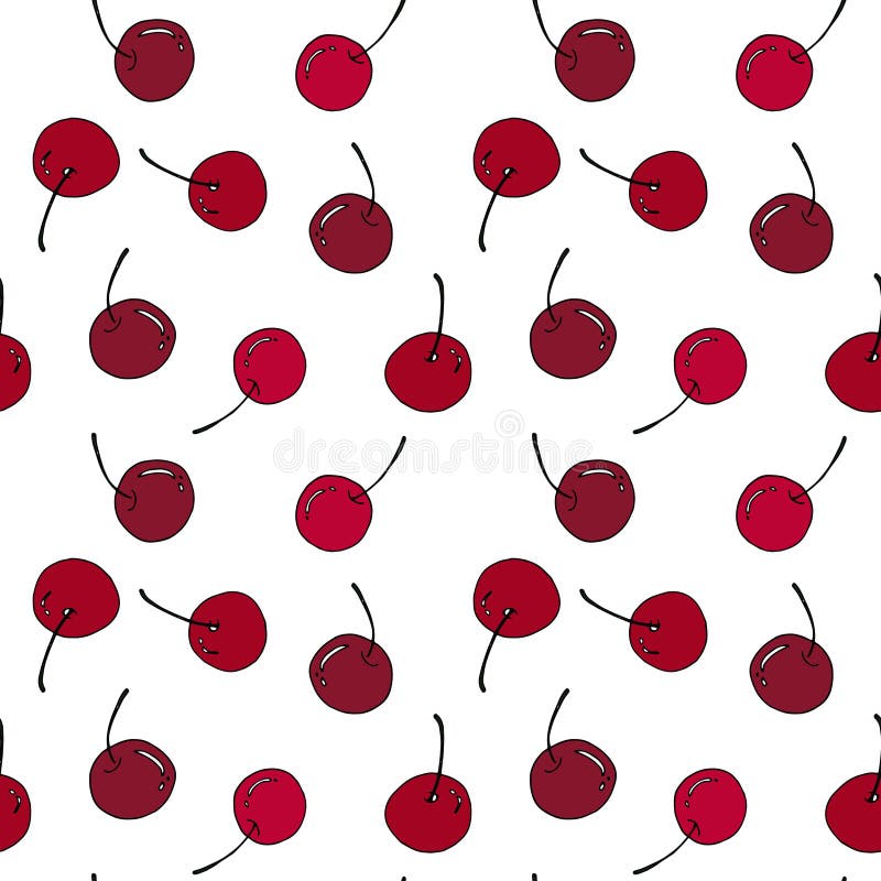Cherry Seamless Pattern by Hand Drawing on White Backgrounds. Stock ...