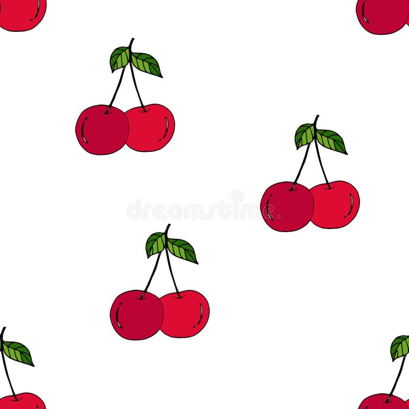 Cherry Seamless Pattern by Hand Drawing on White Backgrounds. Stock ...