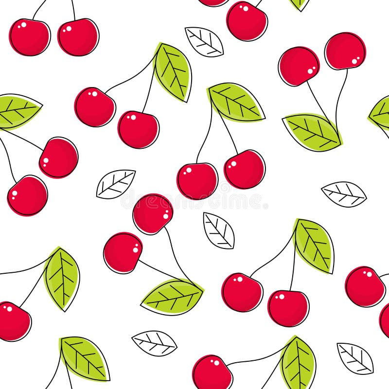 Cherry Seamless Vector Pattern. Red Cherries and Line Leaves with Black ...