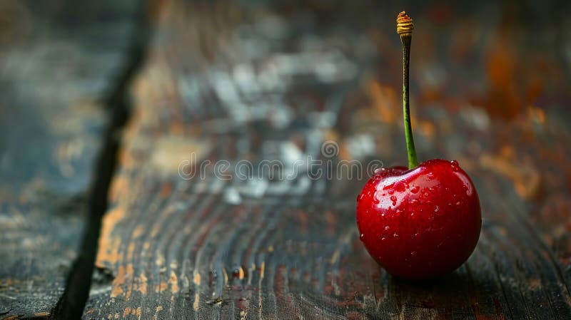 A Cherry is Sitting on Top of a Wooden Table Stock Image - Image of ...