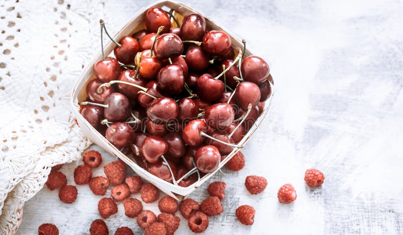 Cherry in a small basket stock image. Image of blue - 120283227