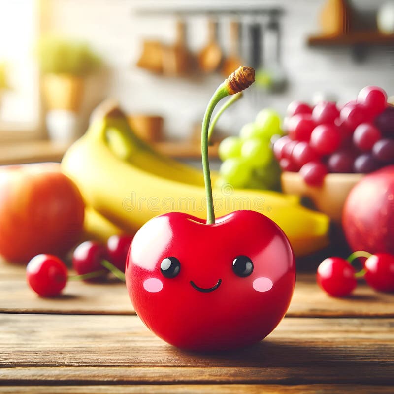A Cherry with a Smiling Face, Surrounded by Apples, Bananas, and Fresh ...