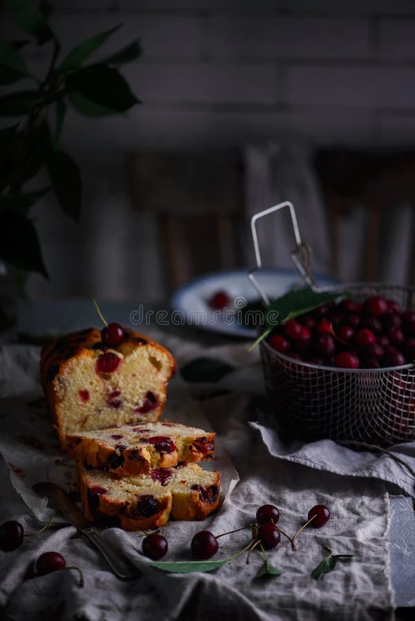 Cherry Sour Cream Cake. .style Rustic . Natural Light Stock Image ...