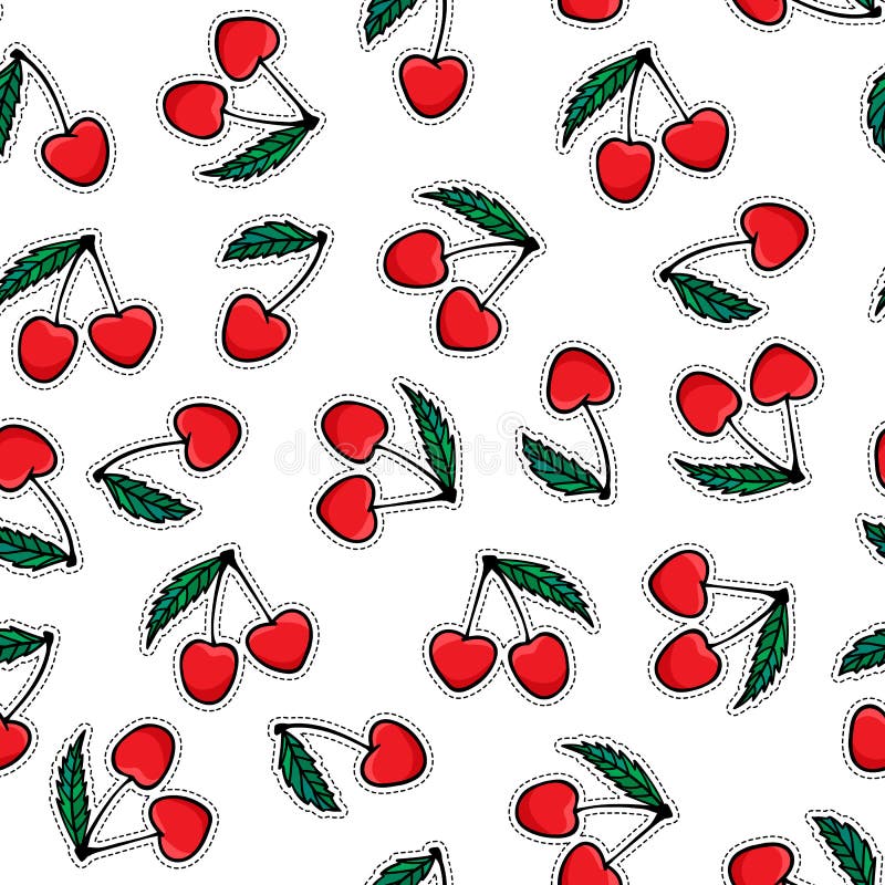 Cherry Sticker Seamless Pattern. Vector Hand Drawing Bright Berry with ...
