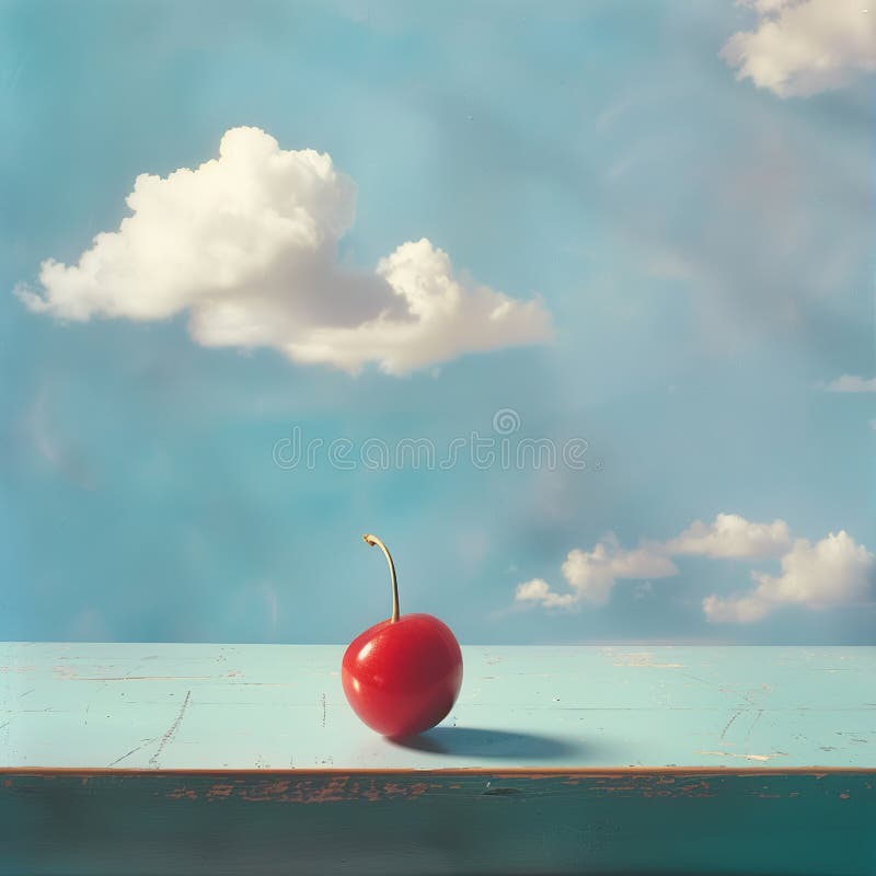 A Cherry on a Table with Tiny Fluffy Clouds Floating Overhead Stock ...