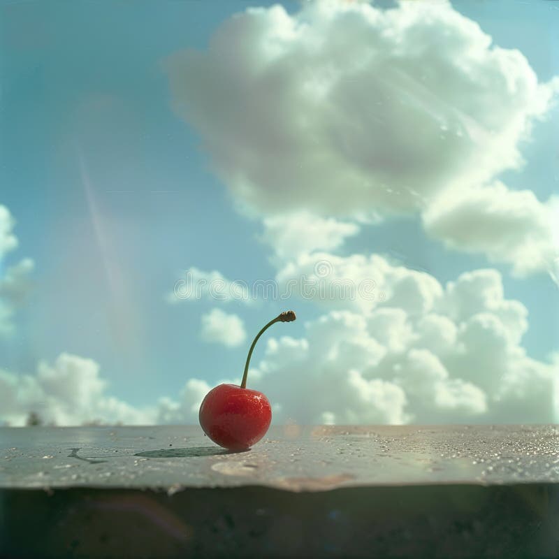A Cherry on a Table with Tiny Fluffy Clouds Floating Overhead Stock ...